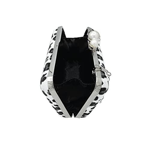 Plush Evening Bag for Women Stylish Leopard Print Handbag Pearl Chain Purse for Party Prom White