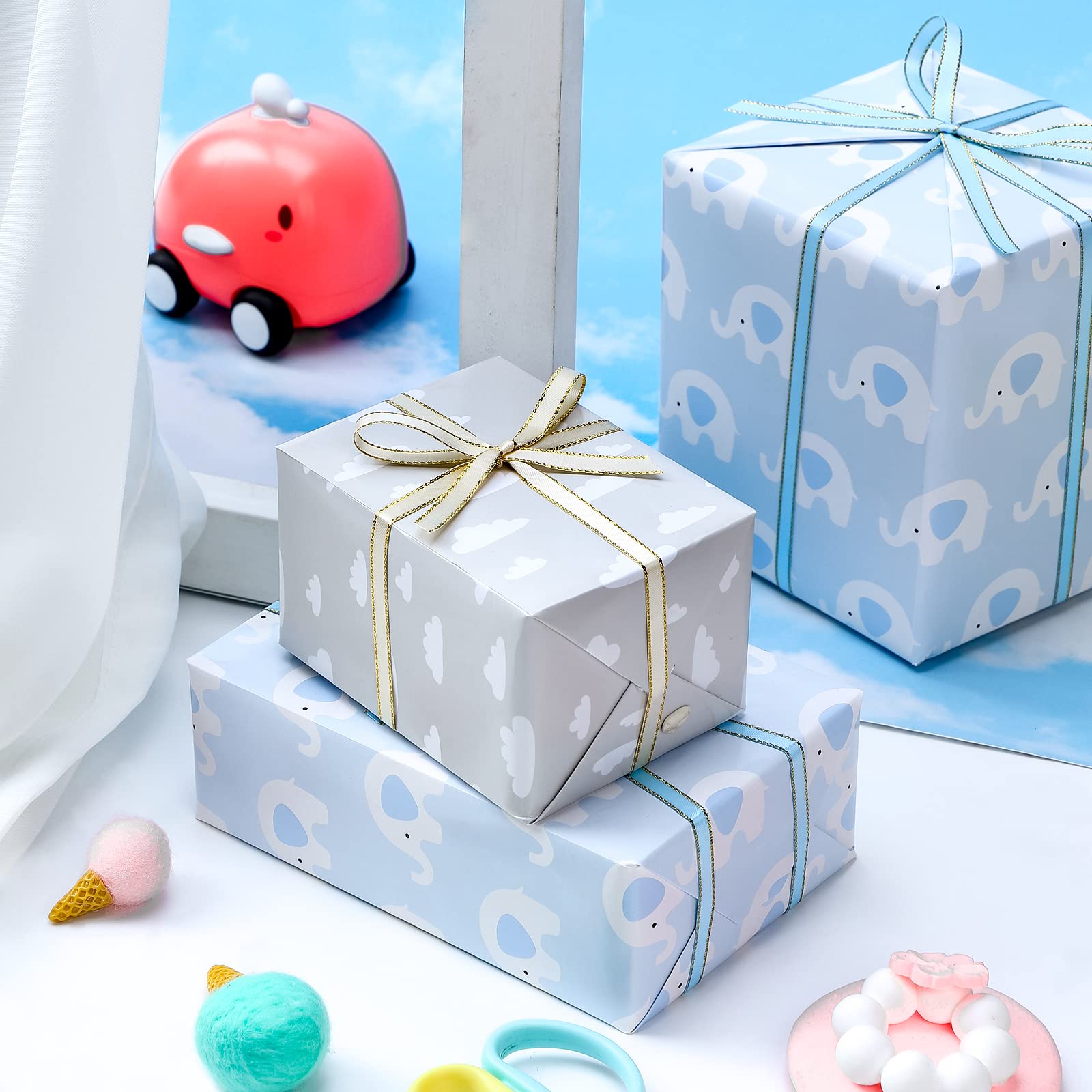 LeZakaa Reversible Baby Shower Wrapping Paper - Jumbo Roll - Elephant in Blue & Cloud in Gray for Baby Boy - 24 inches x 100 Feet (200 sq.ft.)