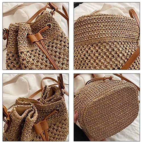WIGUYUN Women Straw Drawstring Bucket Purse Small Tote Shoulder Handbag Hollow Out Cross-body Bag for Summer,Beach Light Brown