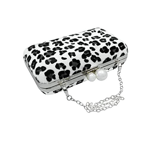 Plush Evening Bag for Women Stylish Leopard Print Handbag Pearl Chain Purse for Party Prom White