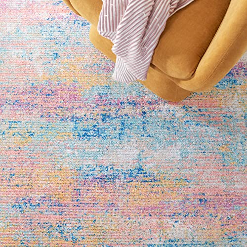 SAFAVIEH Sequoia Collection Machine Washable Slip Resistant 4'4" x 6' Blue/Gold SEQ155M Modern Boho Abstract Entryway Living Room Foyer Bedroom Accent Rug