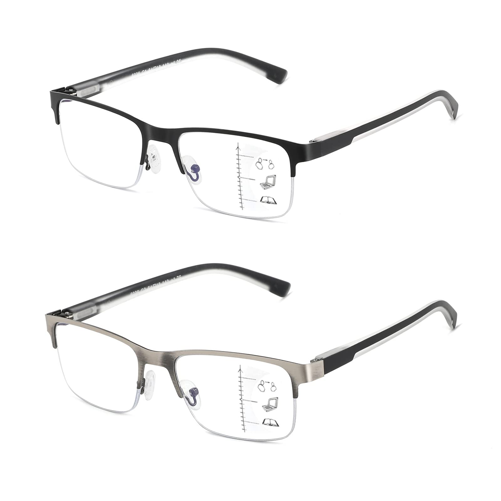 Multifocus Reading Glasses Men Progressive Multifocal Blue Light Computer Reader Half Frame Metal Extra Wide Eyeglasses No Line Bifocals Large Designer Cheaters Transition Square Eyewear 2packs 1.50