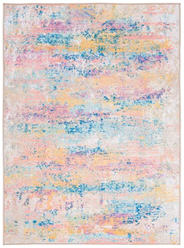 SAFAVIEH Sequoia Collection Machine Washable Slip Resistant 4'4" x 6' Blue/Gold SEQ155M Modern Boho Abstract Entryway Living Room Foyer Bedroom Accent Rug