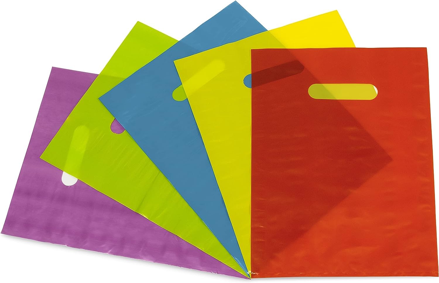 Plastic Bags with Handles - 9x12 Inch 100 Pack 1.25 Mil Merchandise Bags for Small Business, Multi Color Retail Shopping Totes in Bulk for Boutiques, Stores, Kids Birthdays , Party Favor, Goodies