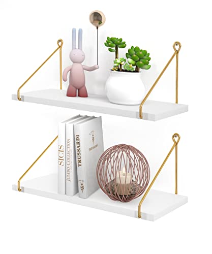 Afuly Floating Shelves Rustic Wall Shelves, Metallic Gold White Wall Mounted Shelves, Wall Hanging Storage for Bathroom Kitchen Bedroom, Wood Metal Chic Wall Bookshelf, Set of 2âŚ