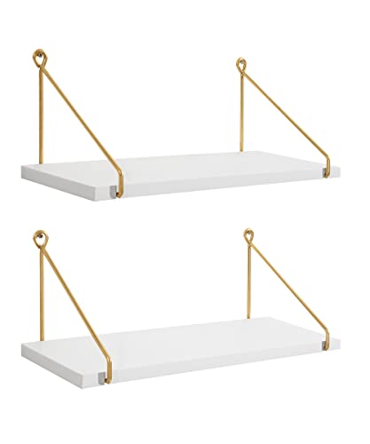 Afuly Floating Shelves Rustic Wall Shelves, Metallic Gold White Wall Mounted Shelves, Wall Hanging Storage for Bathroom Kitchen Bedroom, Wood Metal Chic Wall Bookshelf, Set of 2…