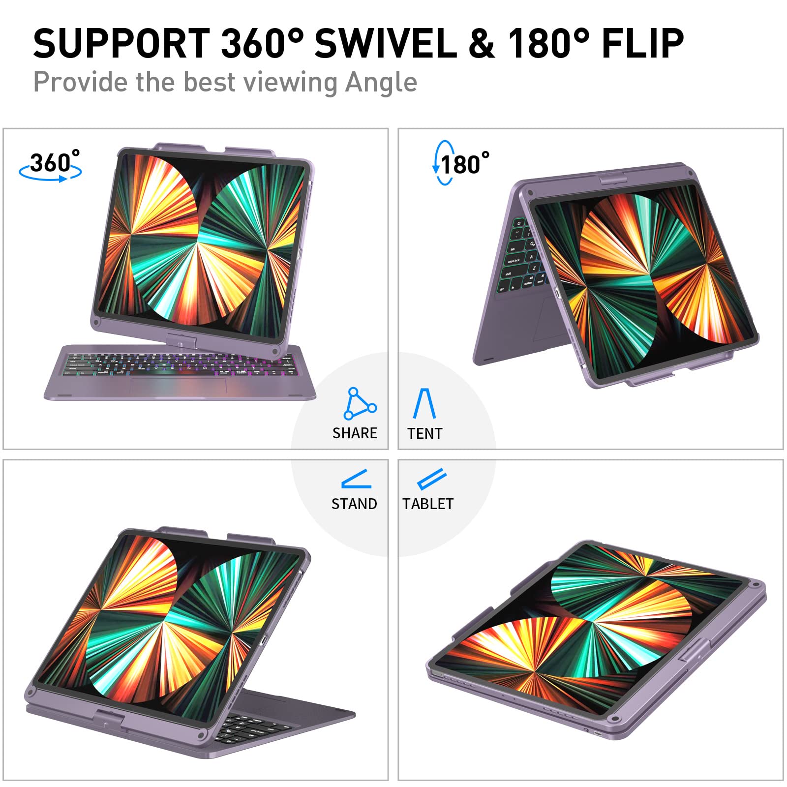 NOKBABO iPad Pro 12.9 inch Case with Keyboard, Rainbow Backlits, Pencil Holder, 360° Rotatable, Keyboard for iPad Pro 12.9 inch 6th/5th/4th/3rd Generation - Dark Purple