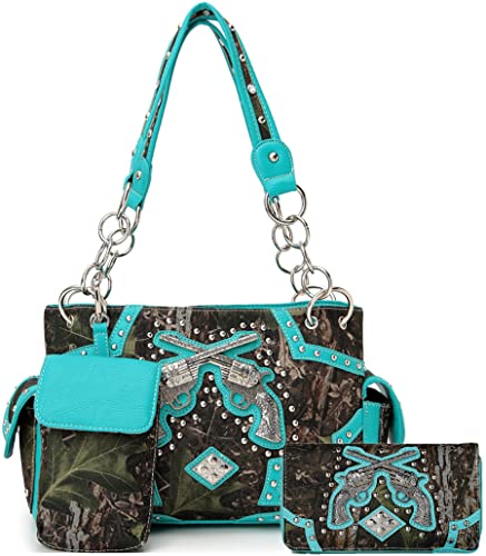 Cowgirl Trendy Camouflage Dual Pistol Western Studs Handbag Concealed Carry Purse Country Women Shoulder Bag Wallet Set (Turquoise Set)