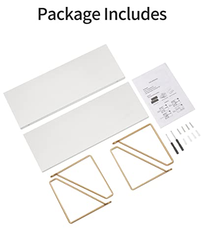 Afuly Floating Shelves Rustic Wall Shelves, Metallic Gold White Wall Mounted Shelves, Wall Hanging Storage for Bathroom Kitchen Bedroom, Wood Metal Chic Wall Bookshelf, Set of 2…