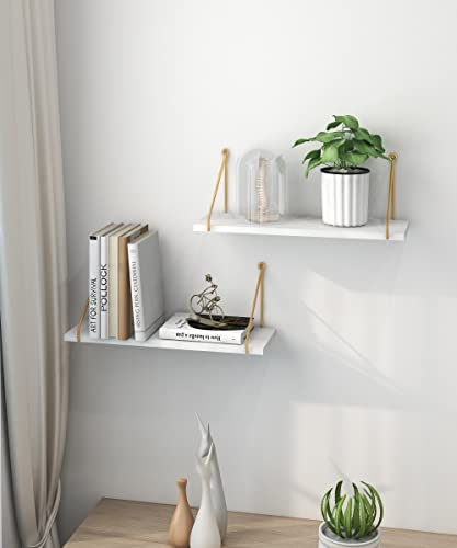 Afuly Floating Shelves Rustic Wall Shelves, Metallic Gold White Wall Mounted Shelves, Wall Hanging Storage for Bathroom Kitchen Bedroom, Wood Metal Chic Wall Bookshelf, Set of 2…