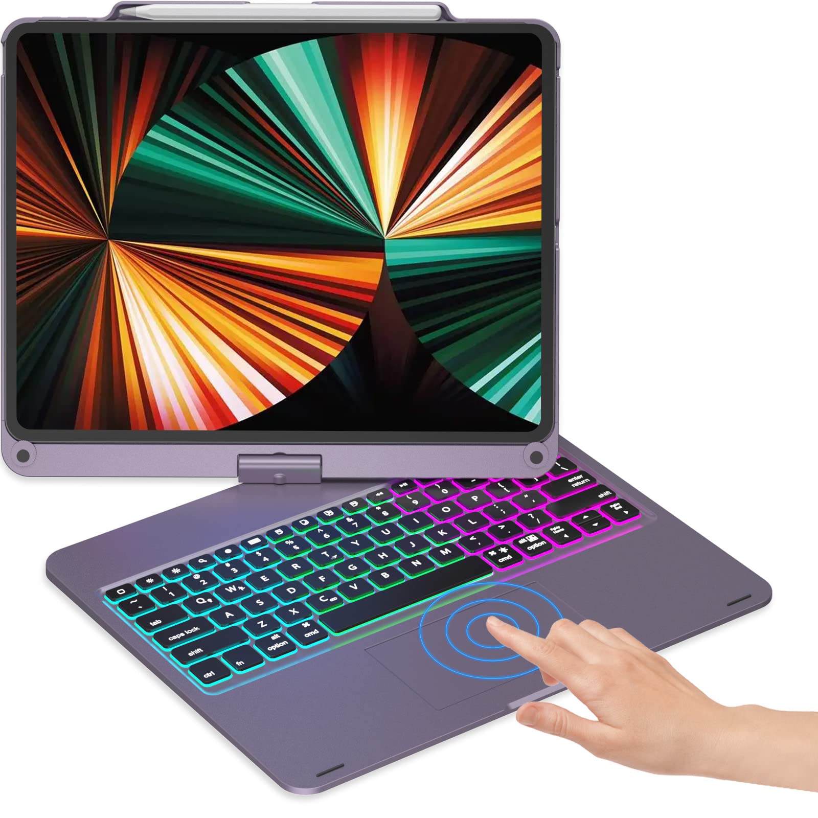 NOKBABO iPad Pro 12.9 inch Case with Keyboard, Rainbow Backlits, Pencil Holder, 360° Rotatable, Keyboard for iPad Pro 12.9 inch 6th/5th/4th/3rd Generation - Dark Purple