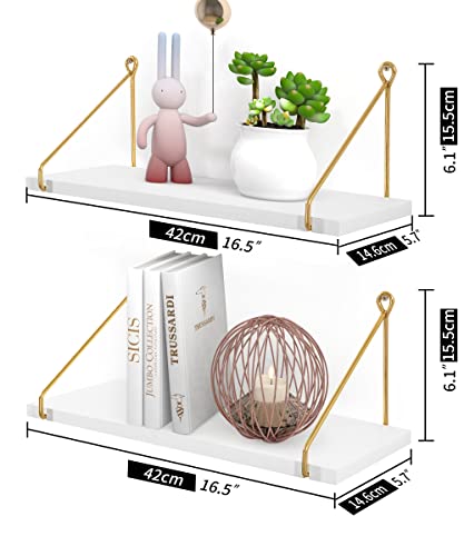 Afuly Floating Shelves Rustic Wall Shelves, Metallic Gold White Wall Mounted Shelves, Wall Hanging Storage for Bathroom Kitchen Bedroom, Wood Metal Chic Wall Bookshelf, Set of 2…