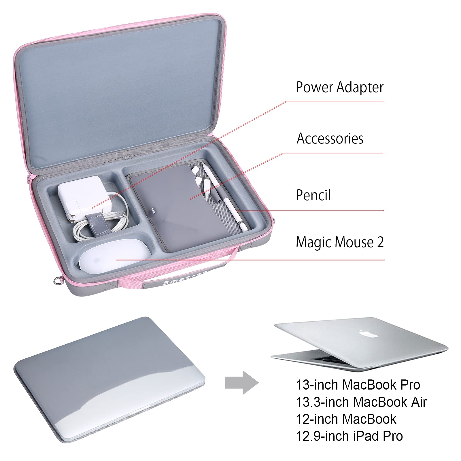 Smatree Hard Shell Carrying Case Compatible for 14 inch MacBook Pro 2024/2023 A2918/A2992/A2779,13 inch MacBook Air 2024/2022 A3313/A2681,13 inch iPad Pro M4 2024, Laptop and Tablet Shoulder Bag(Pink)