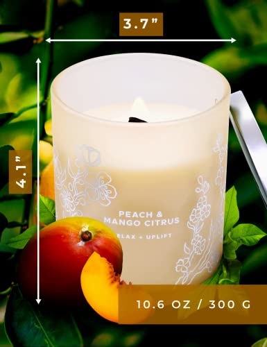 Peach Mango Citrus Scented Candles with Mandarin & Passion Fruit | Large Aromatherapy Candle | Highly Scented Soy Wood Wick Candles for Home | Natural Stress Relief Candles for Men & Women 10.6 oz
