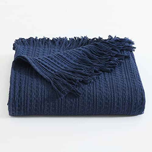 100% Cotton Throw Blanket, Waffle Woven Navy Blue Thin Decorative Blanket with Fringe, Rustic Pre-Washed Soft, Cozy, Light Weight Blanket for Couch, Travel, Farmhouse Boho Style Throw, 60'' x 80''
