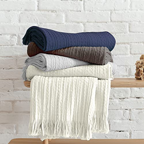 100% Cotton Throw Blanket, Waffle Woven Navy Blue Thin Decorative Blanket with Fringe, Rustic Pre-Washed Soft, Cozy, Light Weight Blanket for Couch, Travel, Farmhouse Boho Style Throw, 60'' x 80''