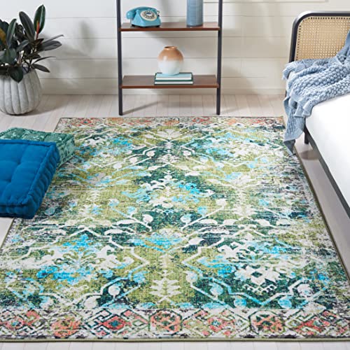 SAFAVIEH Riviera Collection Machine Washable Slip Resistant 8' x 10' Green/Light Blue RIV117Y Boho Floral Distressed Living Room Dining Bedroom Area Rug