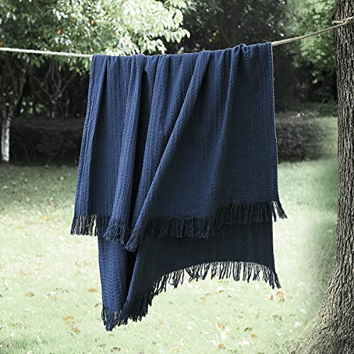 100% Cotton Throw Blanket, Waffle Woven Navy Blue Thin Decorative Blanket with Fringe, Rustic Pre-Washed Soft, Cozy, Light Weight Blanket for Couch, Travel, Farmhouse Boho Style Throw, 60'' x 80''