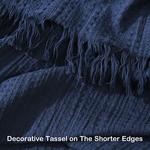 100% Cotton Throw Blanket, Waffle Woven Navy Blue Thin Decorative Blanket with Fringe, Rustic Pre-Washed Soft, Cozy, Light Weight Blanket for Couch, Travel, Farmhouse Boho Style Throw, 60'' x 80''