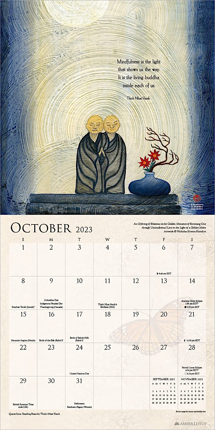 Thich Nhat Hanh 2023 Wall Calendar | Meditational Art by Nicholas Kirsten-Honshin | 12" x 24" Open | Amber Lotus Publishing
