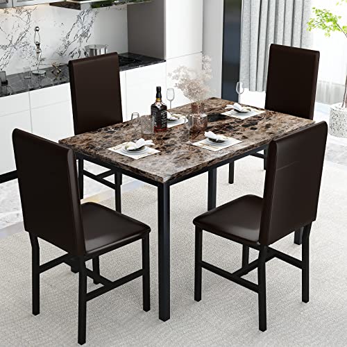 Lamerge 5 Piece Dining Table Set for 4,Faux Marble Kitchen Table and Chairs for 4, Dining Room Table Set with PU Leather Chairs,Small Dining Set for Small Spaces,Living Room, Brown