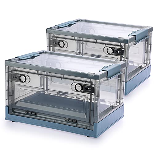 BTSKY 2 Pack Collapsible Storage Bins with Double Side Doors , 20 L Clear Plastic Folding Storage Boxes with Lid , Stackable Plastic Organization Cube Box with Wheels for Home & Office Organization, Cloth Toys Books Snacks Bottles(Blue)