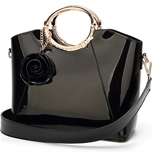 XingChen Glossy Faux Patent Leather Shoulder Handbag Women Evening Party Satchel Flower Pendant Top Handle Tote Purses Black