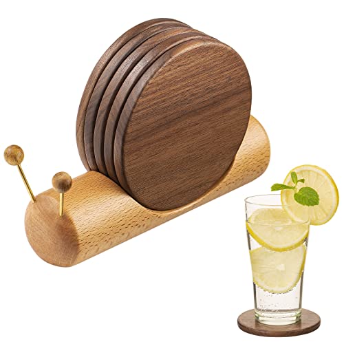 Wooden Coasters for Drinks-Natural Acacia Wood Drink Coaster Set for Drinking Glasses , Tabletop Protection for Any Table Type , Set of 5-Dia 3.5*3.5inchsļ¼New Snail Coastersļ¼