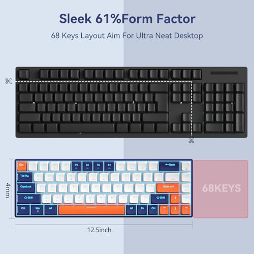 XISOGUU Wireless 61% Mechanical Keyboard, Modes BT5.0/2.4G/Wired, Backlit Ultra-Compact 68Keys Gaming Keyboard with Stand-Alone Arrow/Control Keys/Hot Swappable(White&Blue/Red Switch)…