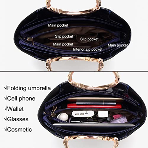 XingChen Glossy Faux Patent Leather Shoulder Handbag Women Evening Party Satchel Flower Pendant Top Handle Tote Purses Black
