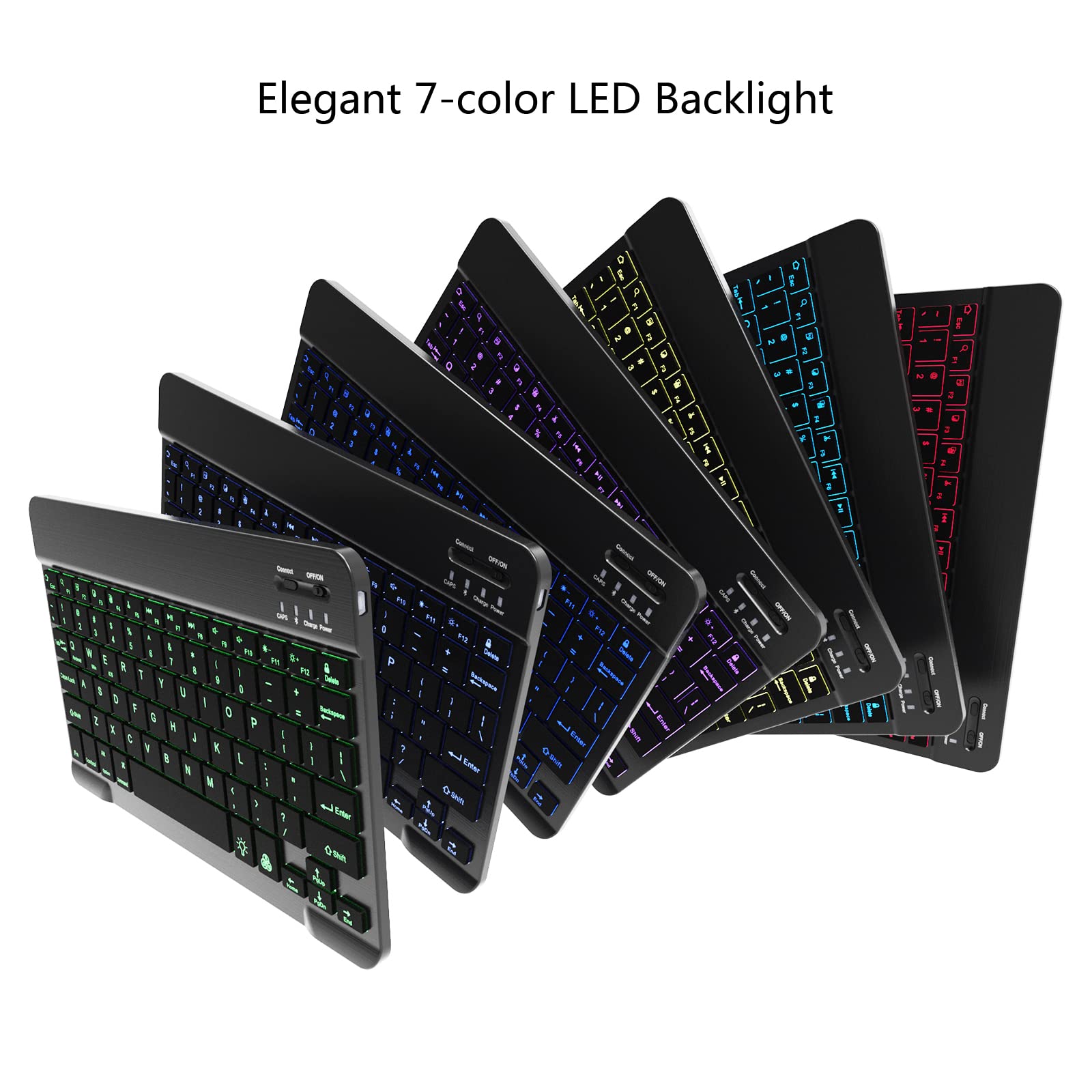 7 Color Backlit Bluetooth Keyboard for iPad 10th 9th Gen, iPad Pro M4 13 12.9 11 inch, iPad Air M2 5th 4th Generation, iPad Mini iPhone Slim Rechargeable Android Tablet Phone Wireless Keyboard (Black)