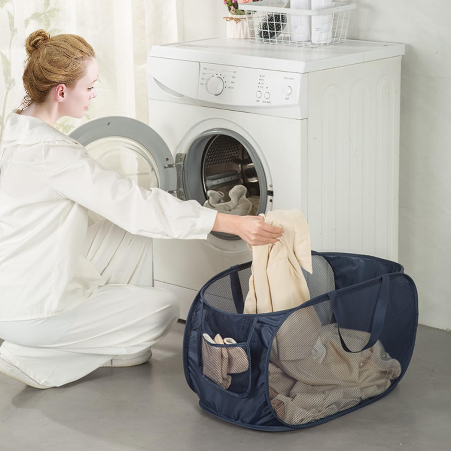 HONOMA Sturdy Mesh Laundry Hamper Basket Bag,Pop up Basket with Side Pocket for Laundry Room, Bathroom, Kids Room, College Dorm or Travel (Pop Horizontal, Navy Blue)