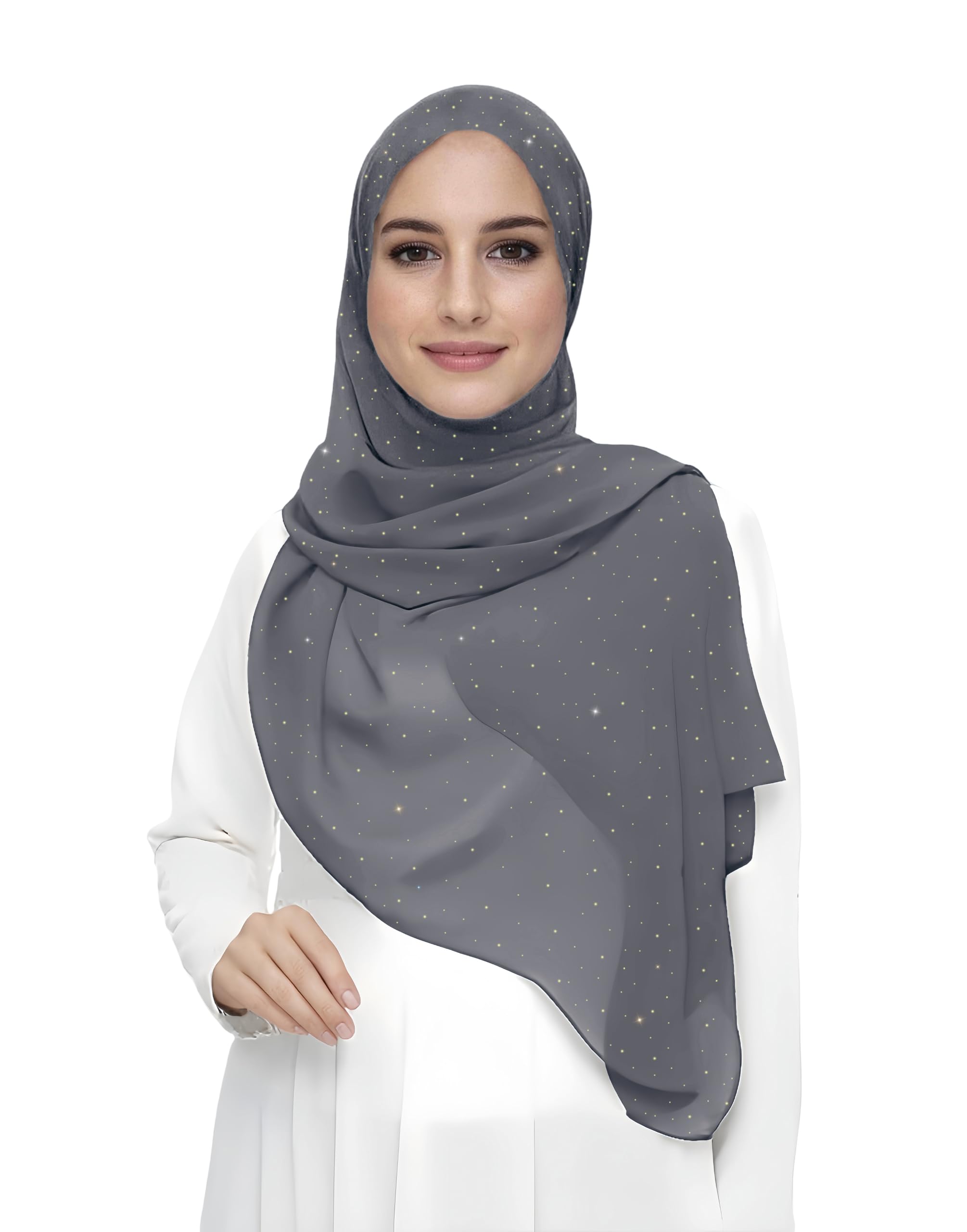 Lina & Lily Shimmer Gold Glitters Chiffon Hijab Scarf (Grey)