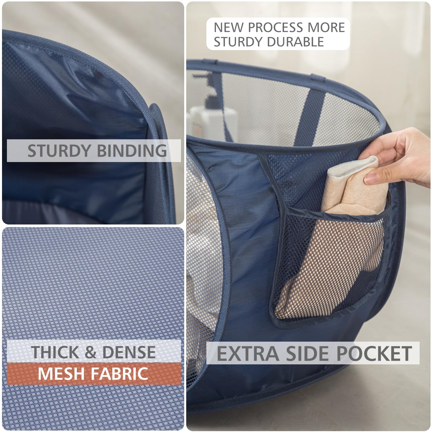 HONOMA Sturdy Mesh Laundry Hamper Basket Bag,Pop up Basket with Side Pocket for Laundry Room, Bathroom, Kids Room, College Dorm or Travel (Pop Horizontal, Navy Blue)