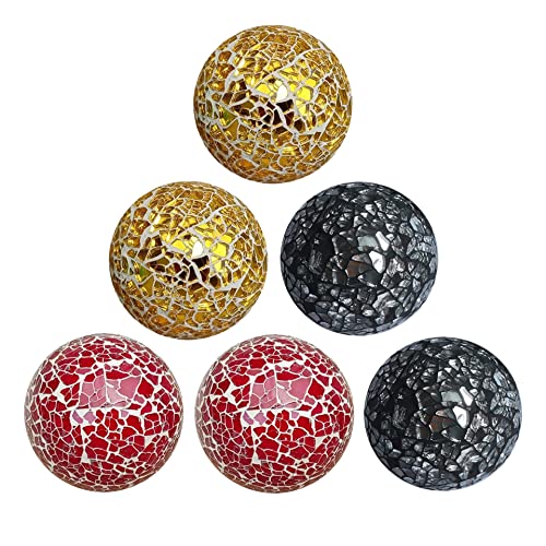 v2croft 3 in Decorative Orbs Glass Balls Set of 6,Mosaic Sphere Globe for Whole Housewares,Wedding/Birthday,Bowls,Vases Dining Table Centerpieces(Gold,Black,Red)
