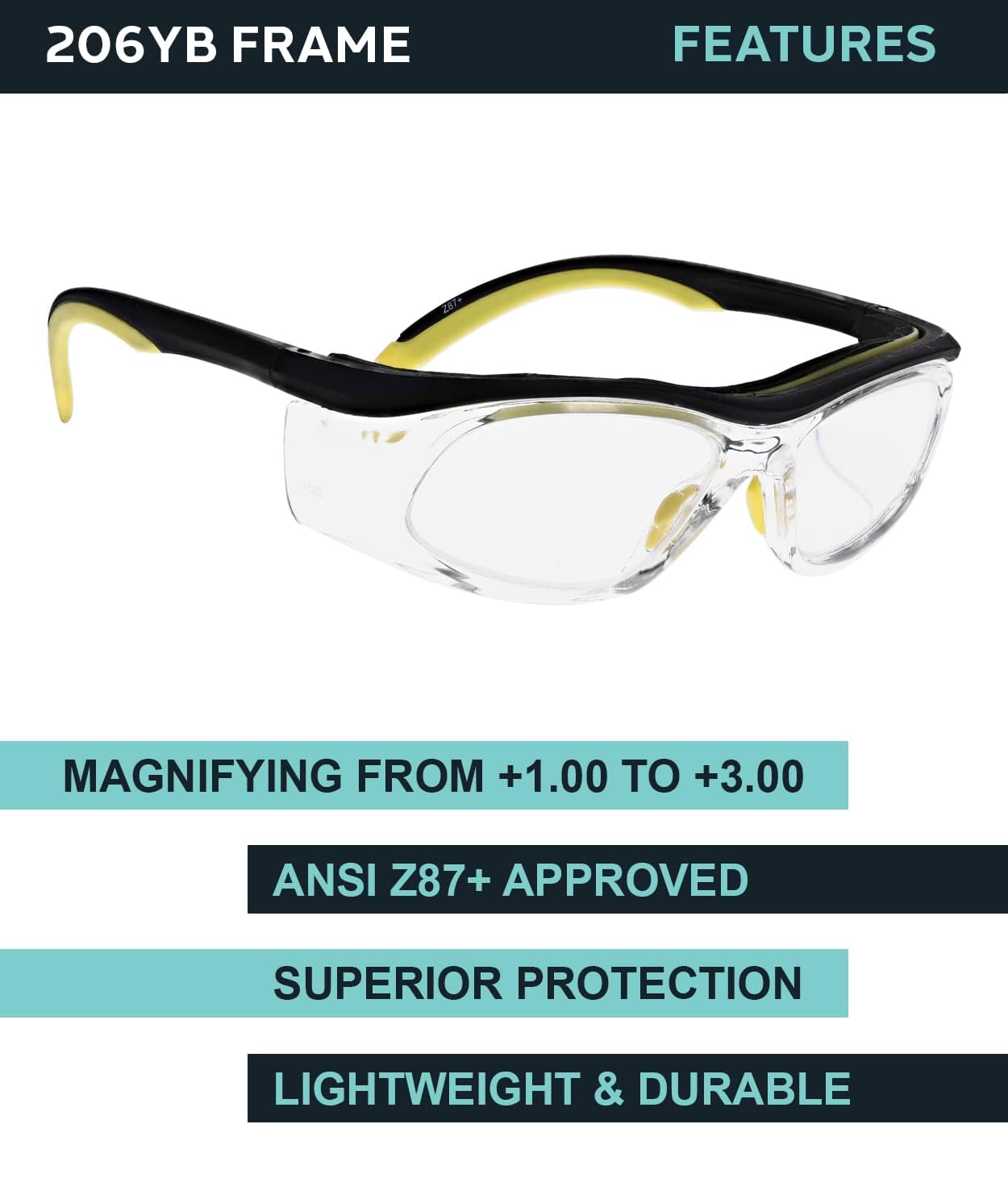 Safety Reading Glasses 206YB with Full Clear Magnifying Lenses, 1.00 to 3.00 Diopter, ANSI Z87 Approved (Black/Yellow, 1.75, x)