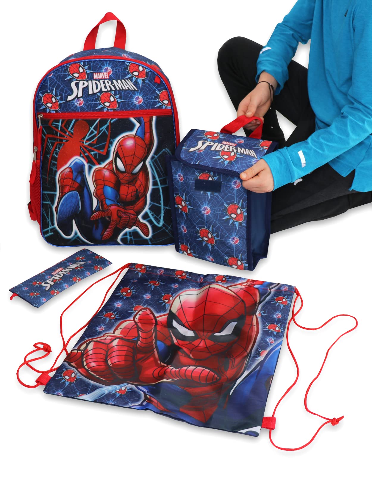 Marvel Spider-Man Boys 16" Backpack 5 piece School Set (One Size, Blue/Red)