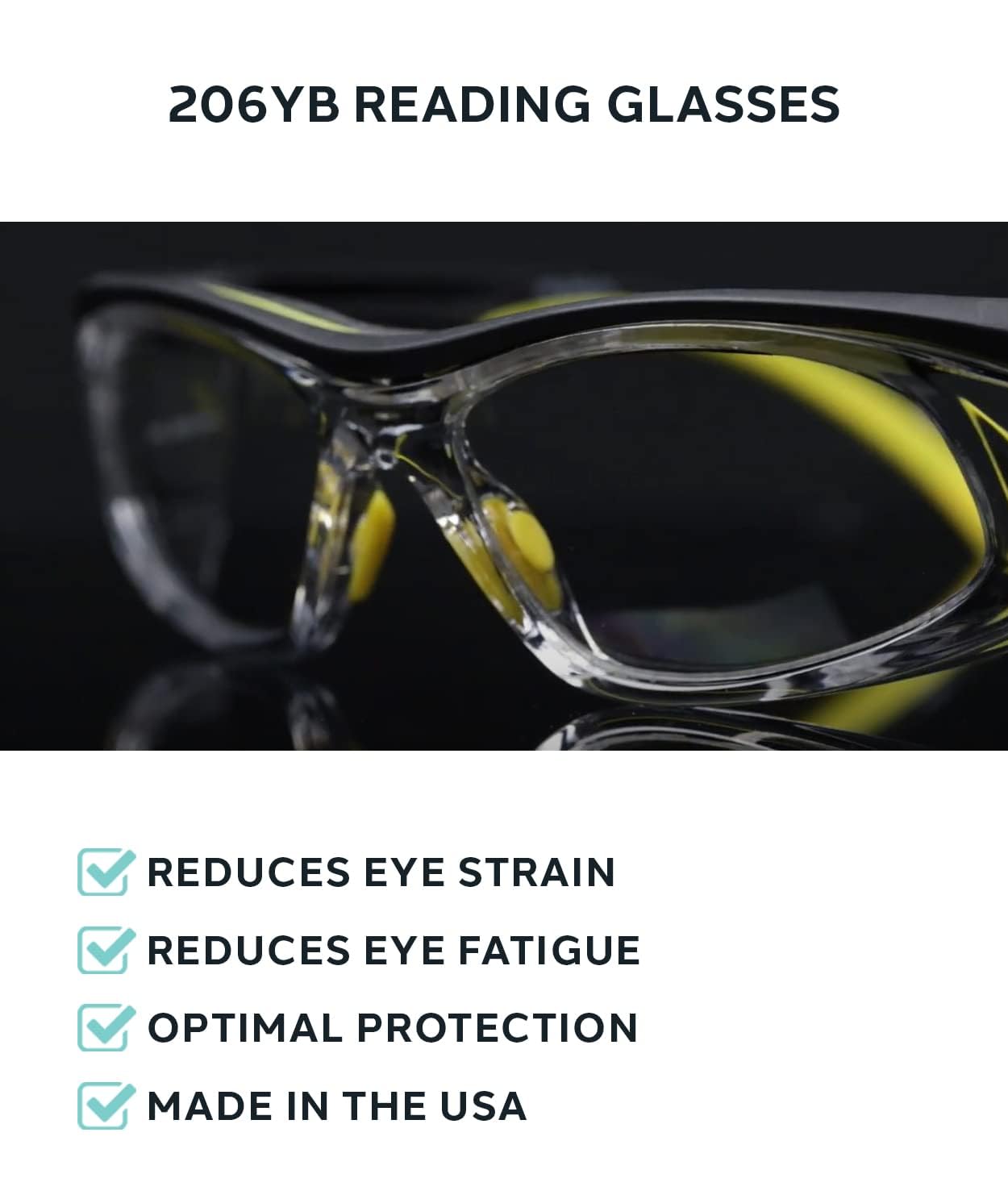 Safety Reading Glasses 206YB with Full Clear Magnifying Lenses, 1.00 to 3.00 Diopter, ANSI Z87 Approved (Black/Yellow, 1.75, x)