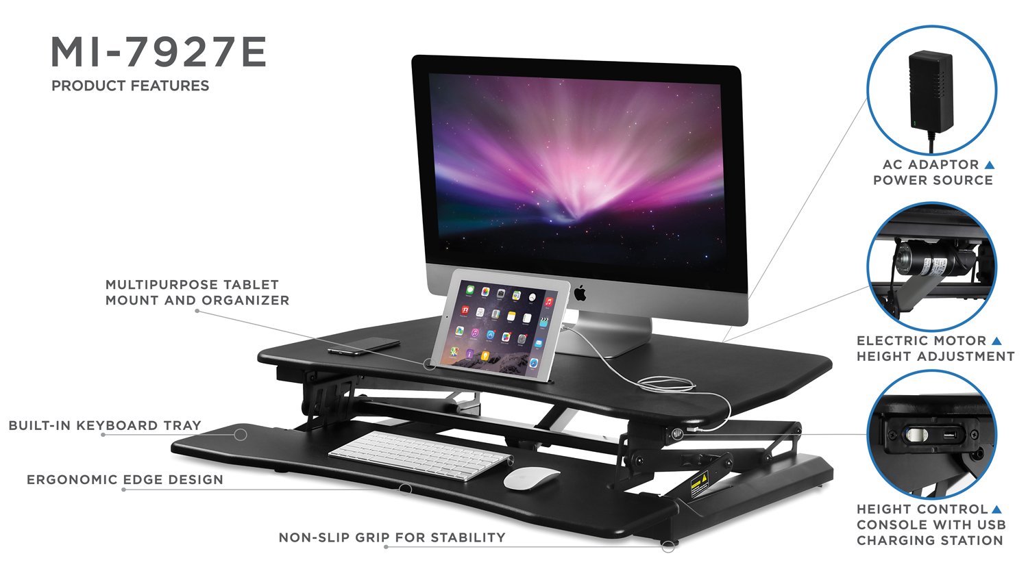 Mount-It! Electric Standing Desk Converter | Motorized Sit Stand Desk with Built in USB Port | Ergonomic Height Adjustable Workstation | Black (MI-7927E)