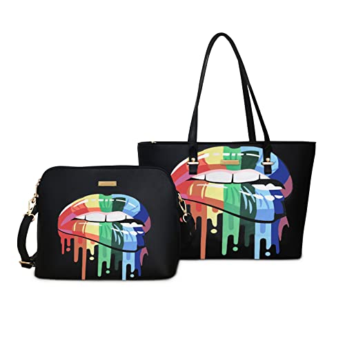 Satchel Bags for Women Fashion Handbag Leather Shoulder Bag Large Capacity Black Work Bag 2 PCS Set (Mouth)