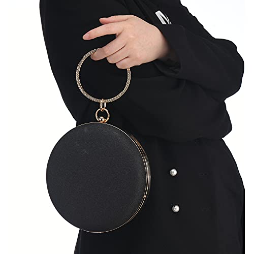 Round Evening Bag Sparkling Glitter Purse Rhinestone Top Handle for Party Cross Body Shoulder Bag for Wedding Bridal (Black)