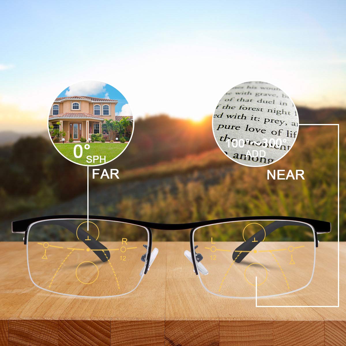 MIRYEA Progressive Multifocus Computer Reading Glasses Blue Light Blocking Multifocal Readers for Men and Women Multi Focus Eyeglasses Eyewear Anti Glare Light Weight TR90 Semi-rimless Frame