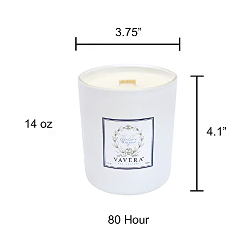 VAVERA Luxury Gardenia Bouquet Long Burning Wood Wick Natural Soy Luxury Candles (14oz Matt White Jar) transforms Any Space. Hand-Made in The USA. Fresh Gardenia is The Elegant Addition to Your Home.