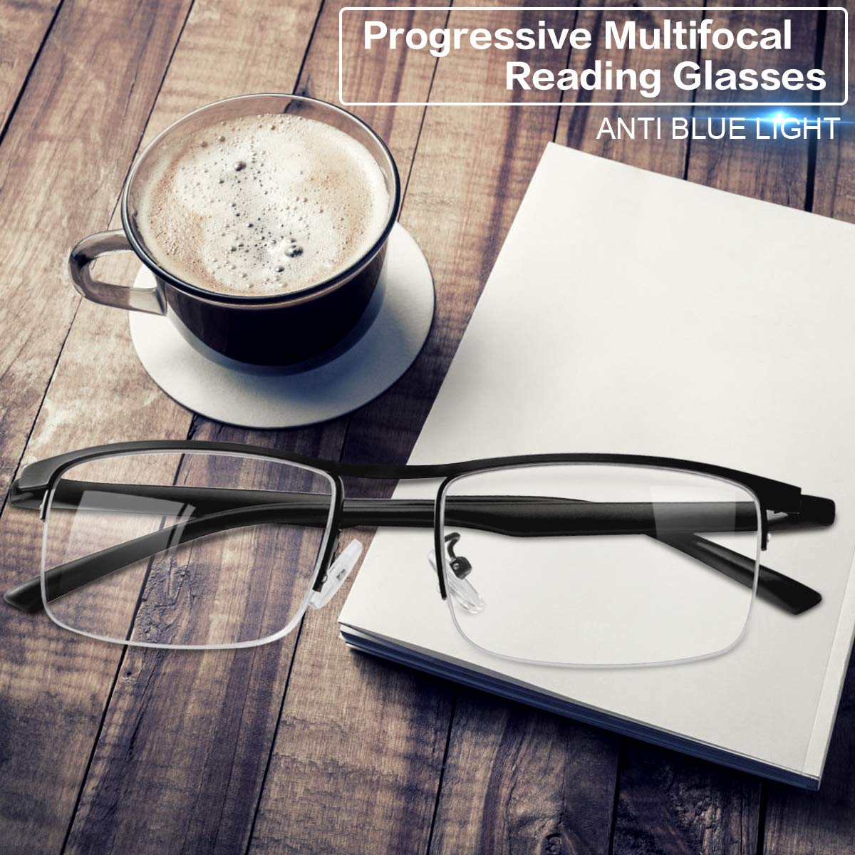 MIRYEA Progressive Multifocus Computer Reading Glasses Blue Light Blocking Multifocal Readers for Men and Women Multi Focus Eyeglasses Eyewear Anti Glare Light Weight TR90 Semi-rimless Frame