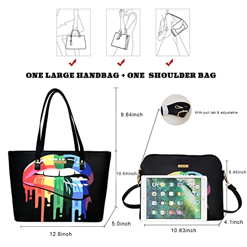 Satchel Bags for Women Fashion Handbag Leather Shoulder Bag Large Capacity Black Work Bag 2 PCS Set (Mouth)