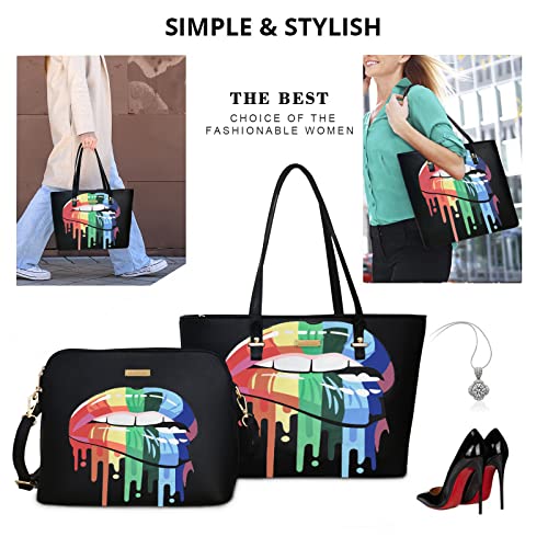 Satchel Bags for Women Fashion Handbag Leather Shoulder Bag Large Capacity Black Work Bag 2 PCS Set (Mouth)