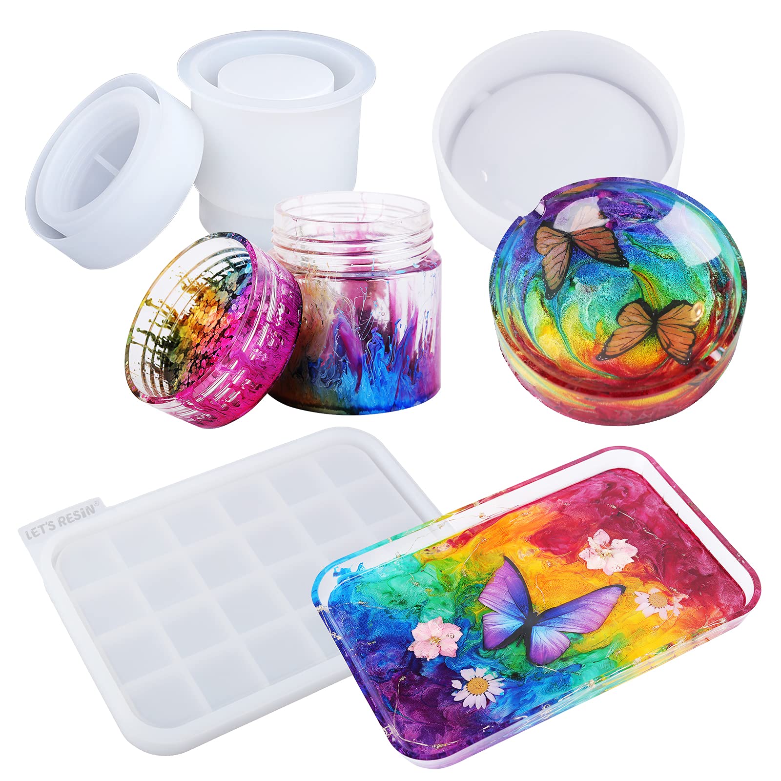 LET'S RESIN Resin Mold Silicone Kit with Resin Rolling Tray Mold, Ashtray Resin Mold, Resin Jar Mold with Lid, Silicone Resin Molds for Casting Resin ,Epoxy Resin,DIY Storage Container