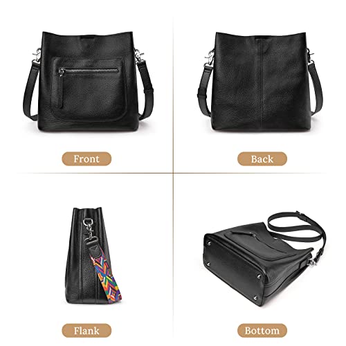 S-ZONE Women Genuine Leather Bucket Bag Shoulder Handbags Crossbody Purse Zipper with 2 Straps Medium Tote Hobo