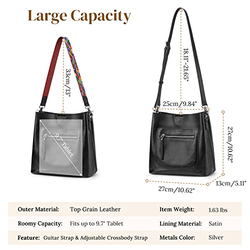 S-ZONE Women Genuine Leather Bucket Bag Shoulder Handbags Crossbody Purse Zipper with 2 Straps Medium Tote Hobo