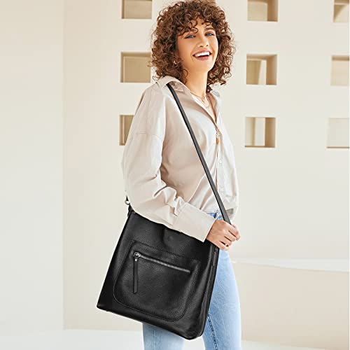 S-ZONE Women Genuine Leather Bucket Bag Shoulder Handbags Crossbody Purse Zipper with 2 Straps Medium Tote Hobo